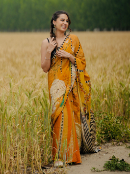 Buy The Boozy Button Ban Ja Rani Yellow Satin Silk Saree | Ban Ja Rani ...